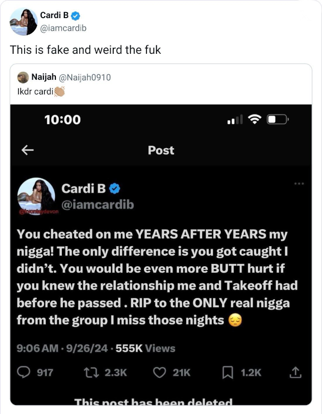 Cardi B dismisses affair rumors with Takeoff Cardi B dismisses affair rumors with Takeoff