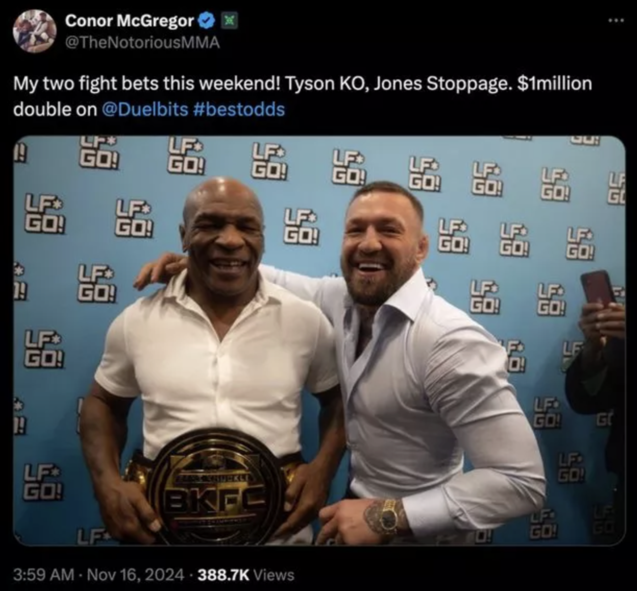 Conor McGregor Loses $1M Bet Backing Mike Tyson Over Jake Paul Conor McGregor Loses $1M Bet Backing Mike Tyson Over Jake Paul
